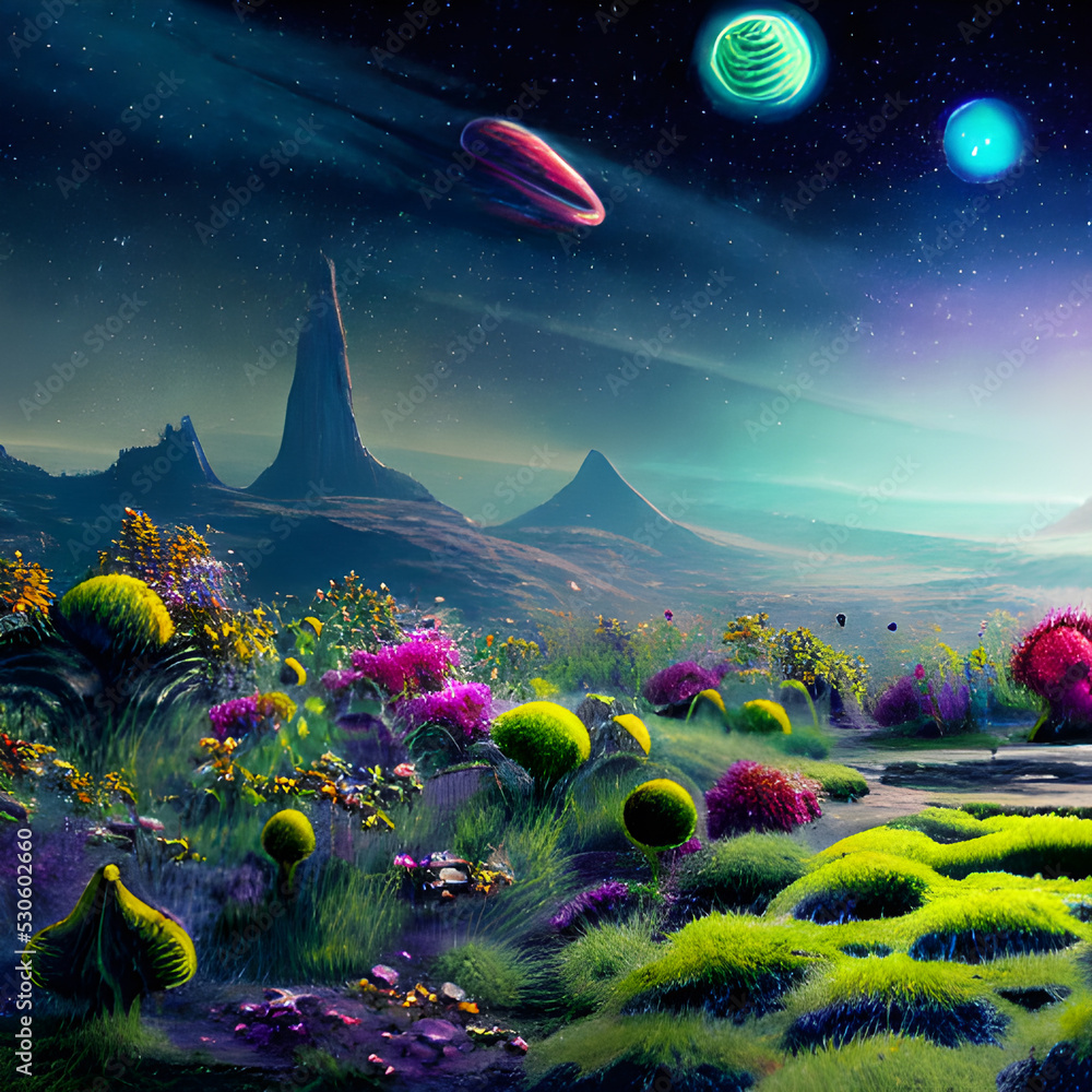 Strange alien plants on an alien planet. Stock Illustration | Adobe Stock