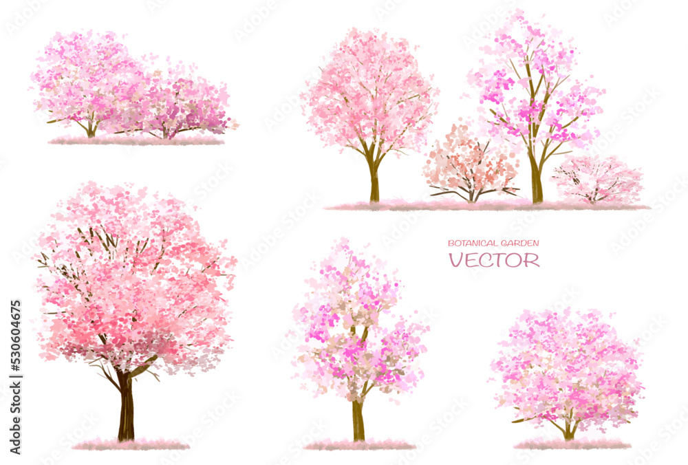Vector watercolor blooming flower tree or forest side view isolated on ...