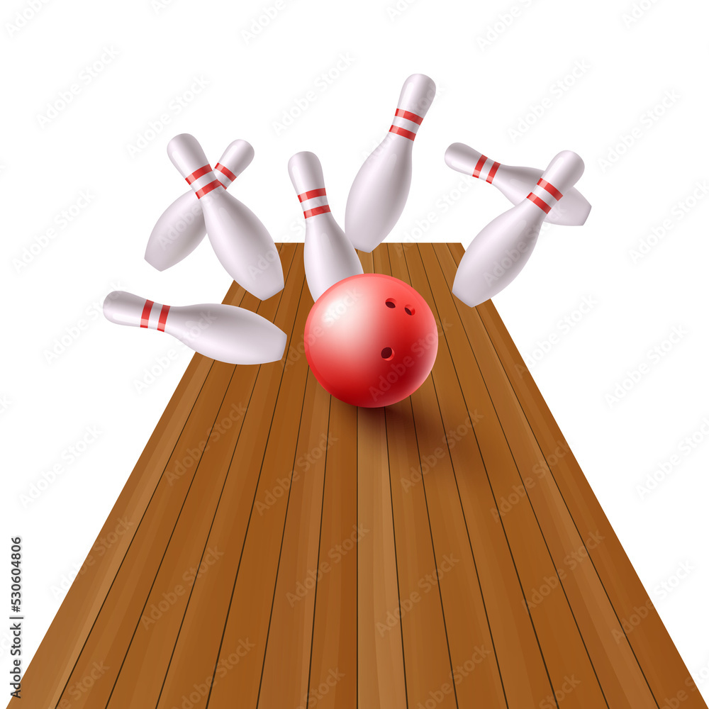 Bowling alley mockup with ball striking pins, realistic vector ...