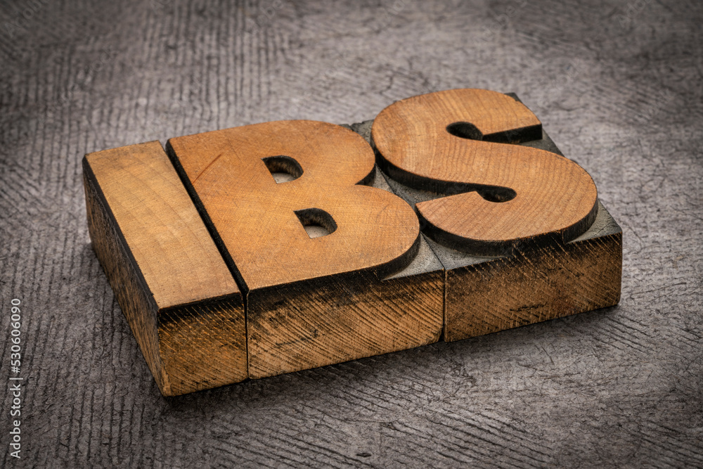 IBS - Irritable Bowel Syndrome, word abstract in vintage letterpress ...