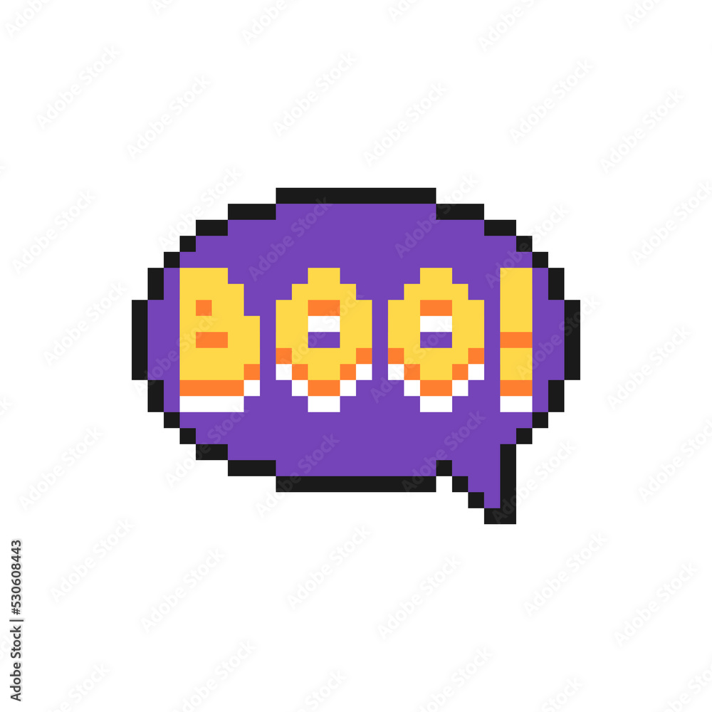 Boo speech bubble Halloween icon in pixel art design isolated on white ...