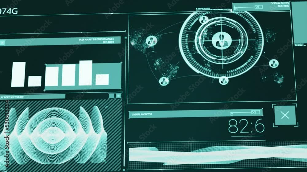 Animation of infographic interface with bar graph, maps and profile ...