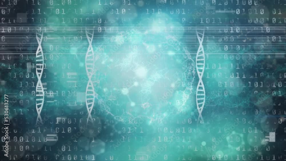 Video Stock Animation loop of dna helixes with illuminated floating nucleotides over binary ...