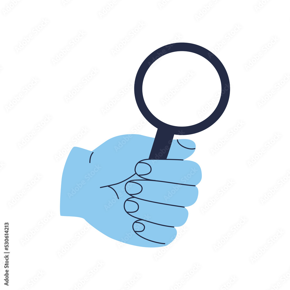 Human hand with magnifying glass or loupe. Hand drawn color vector ...