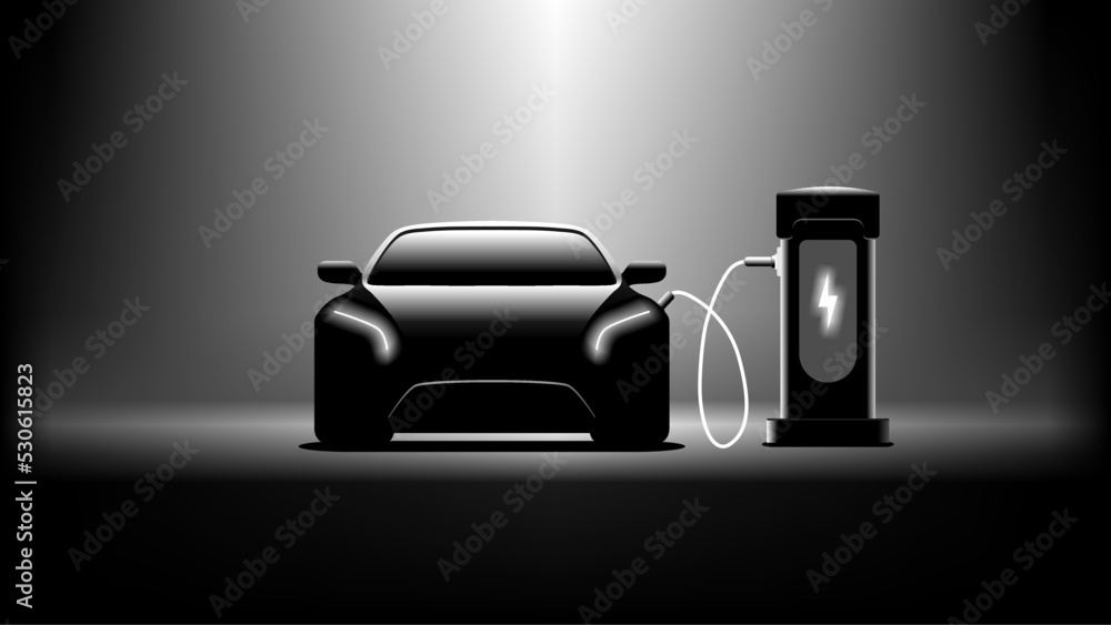 Electric car charging. Dark background. Electronic vehicle power dock ...