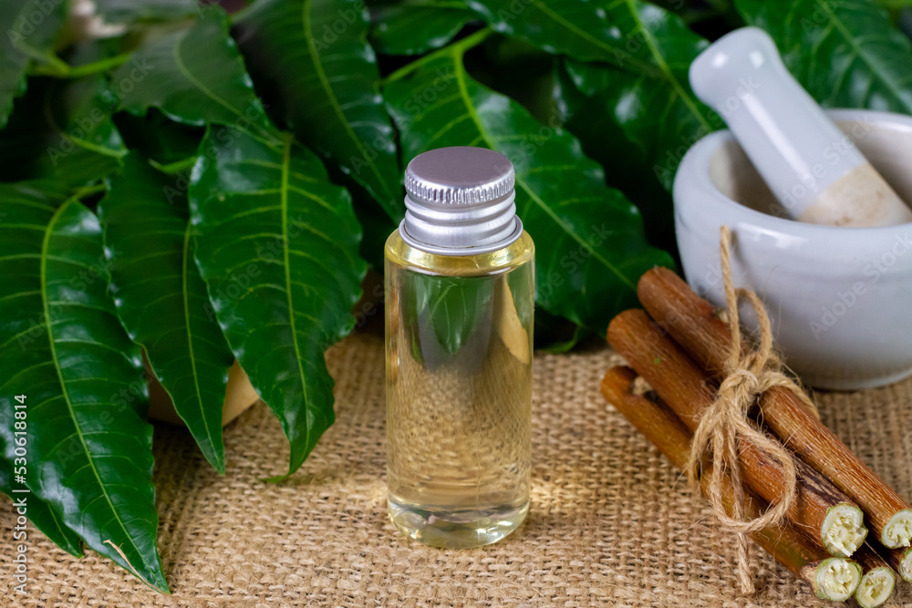 Neem oil in bottle with neem leaf and stick on sackcloth. Stock Photo ...