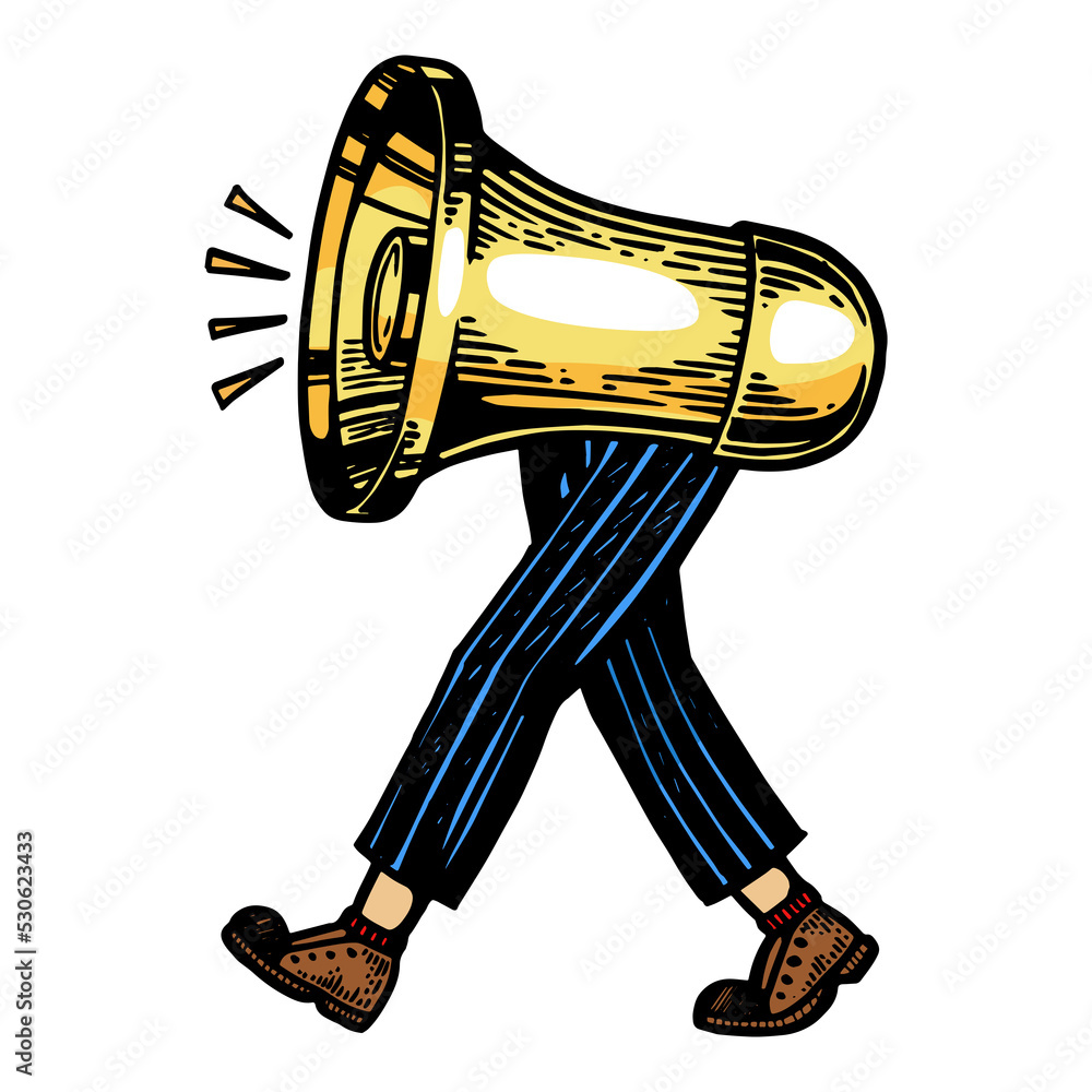 Loudspeaker walks on feet color sketch engraving PNG illustration with ...