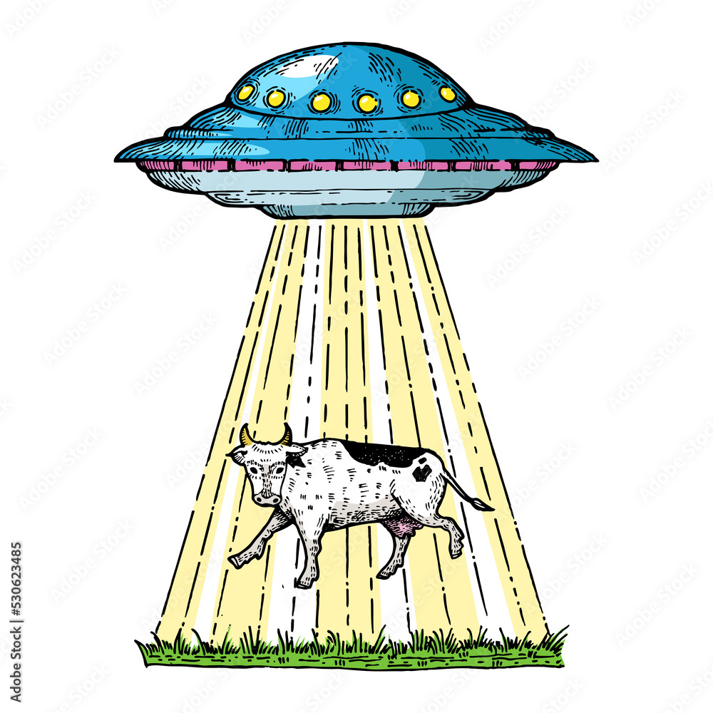 UFO kidnaps the cow color sketch engraving PNG illustration with ...