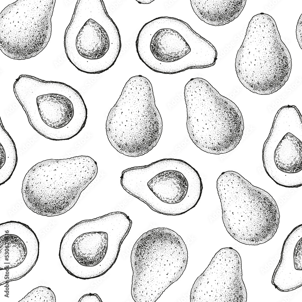 Avocado seamless pattern. Hand drawn background. Vector illustration ...