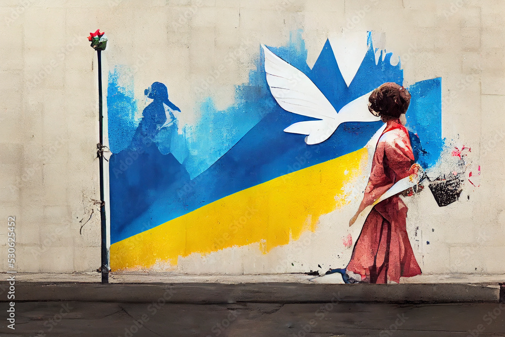 Graffiti of a girl and freedom dove with Ukrainian flag colors ...