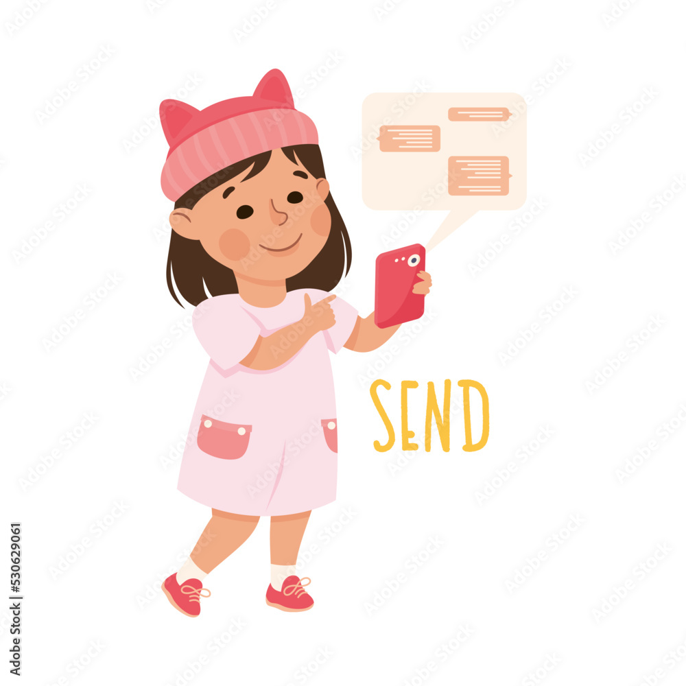 Little Girl Sending Message Via Smartphone as Demonstration of ...