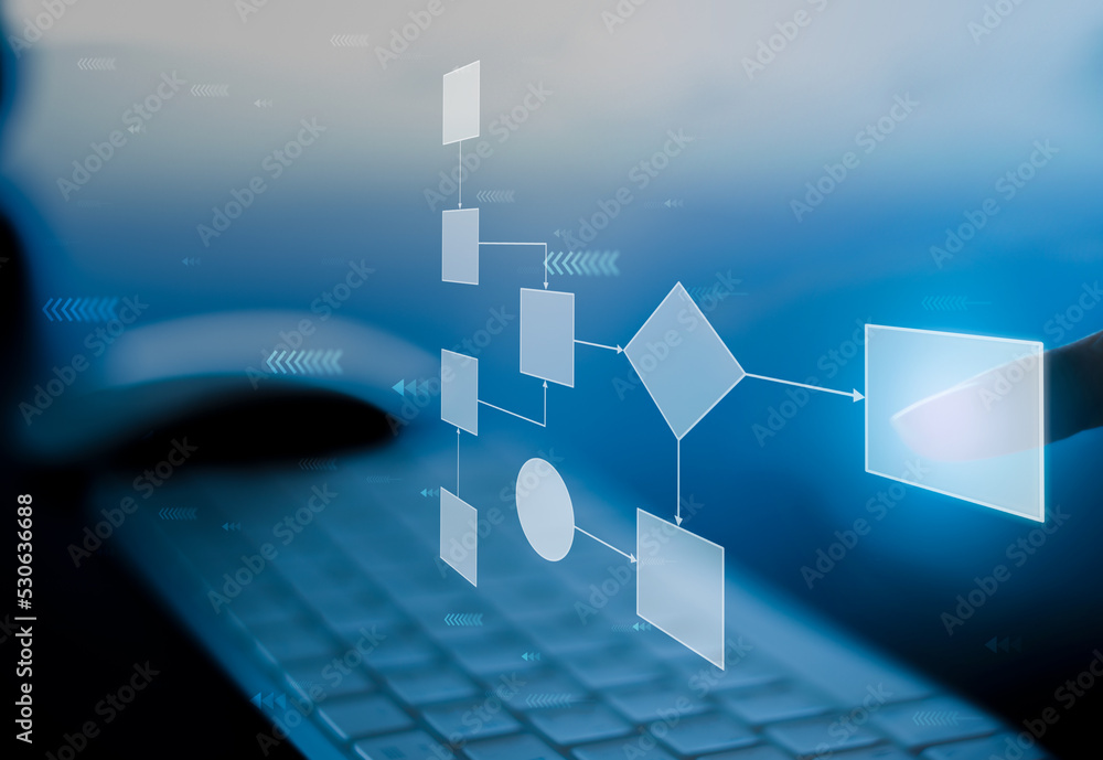 Business process and workflow automation with flowchart, businessman in ...