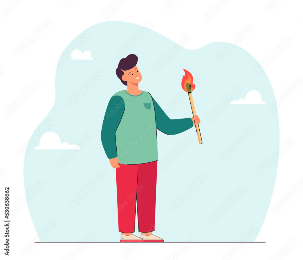Happy cartoon boy holding big burning match. Child playing with wooden ...