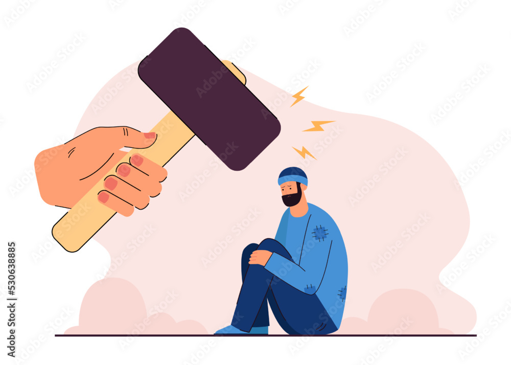 Hand holding hammer above sad homeless cartoon man. Person threatening ...