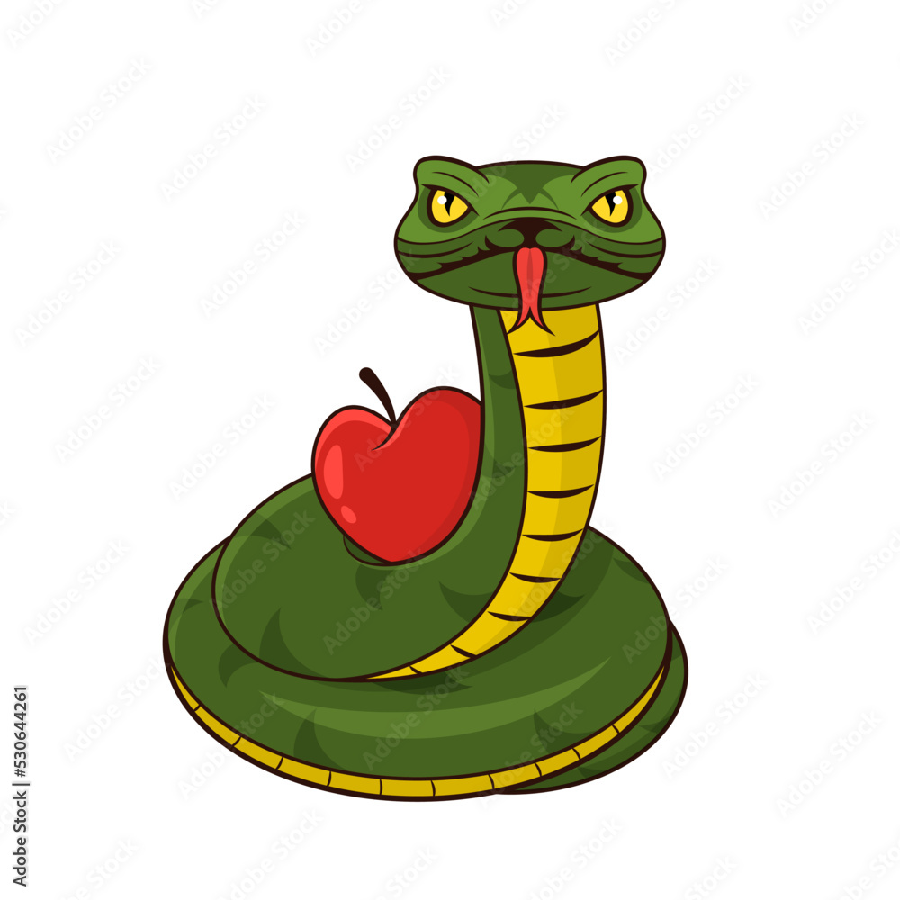 Snake with a red apple. Serpent tempter on white background Stock ...