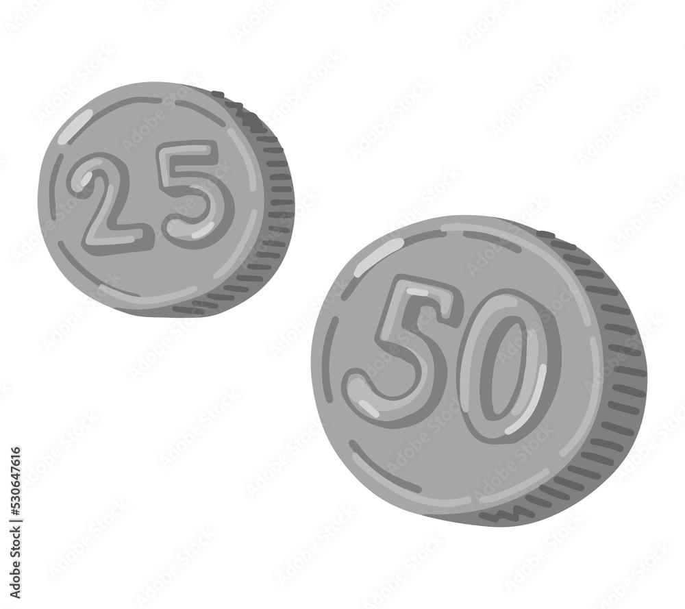 25 and 50 silver coins doodle. Vector illustration of money. Cartoon ...