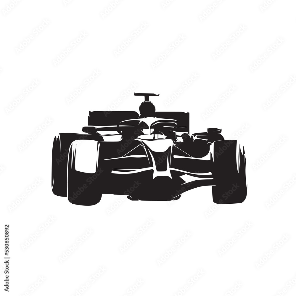 Poster Formula racing car, front view, isolated vector silhouette, ink ...