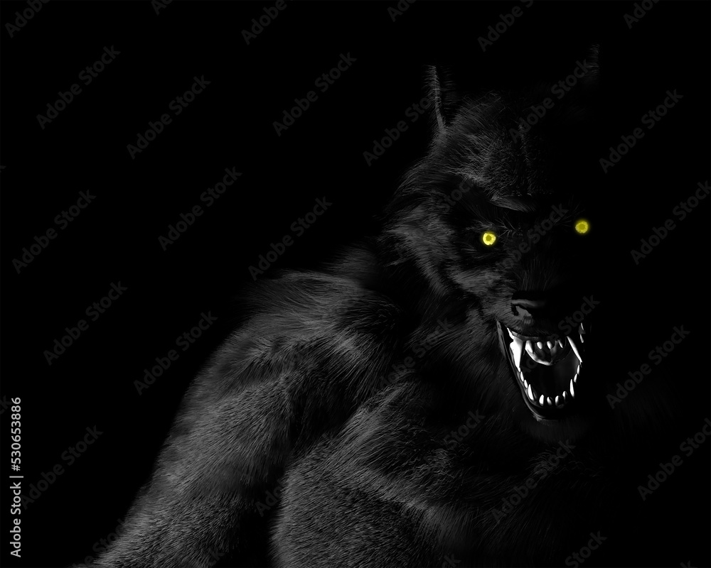 Poster A portrait in black and white of a Werewolf Dogman cryptid with glowing yellow e – Wall ...