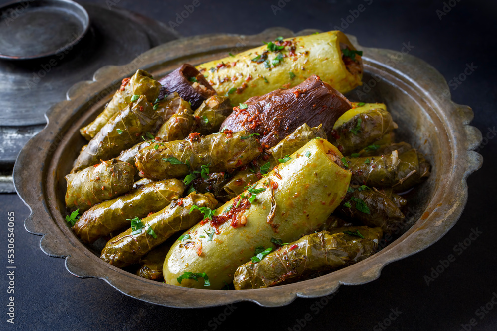 Traditional Turkish cuisine; Mixed Stuffed Vegetables. Stuffed leaves ...