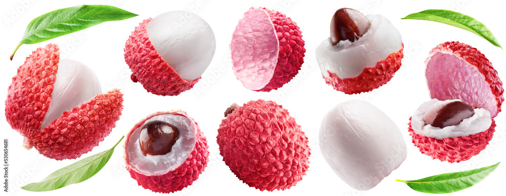 A set of ripe lychee fruits: one whole and six differently peeled ...