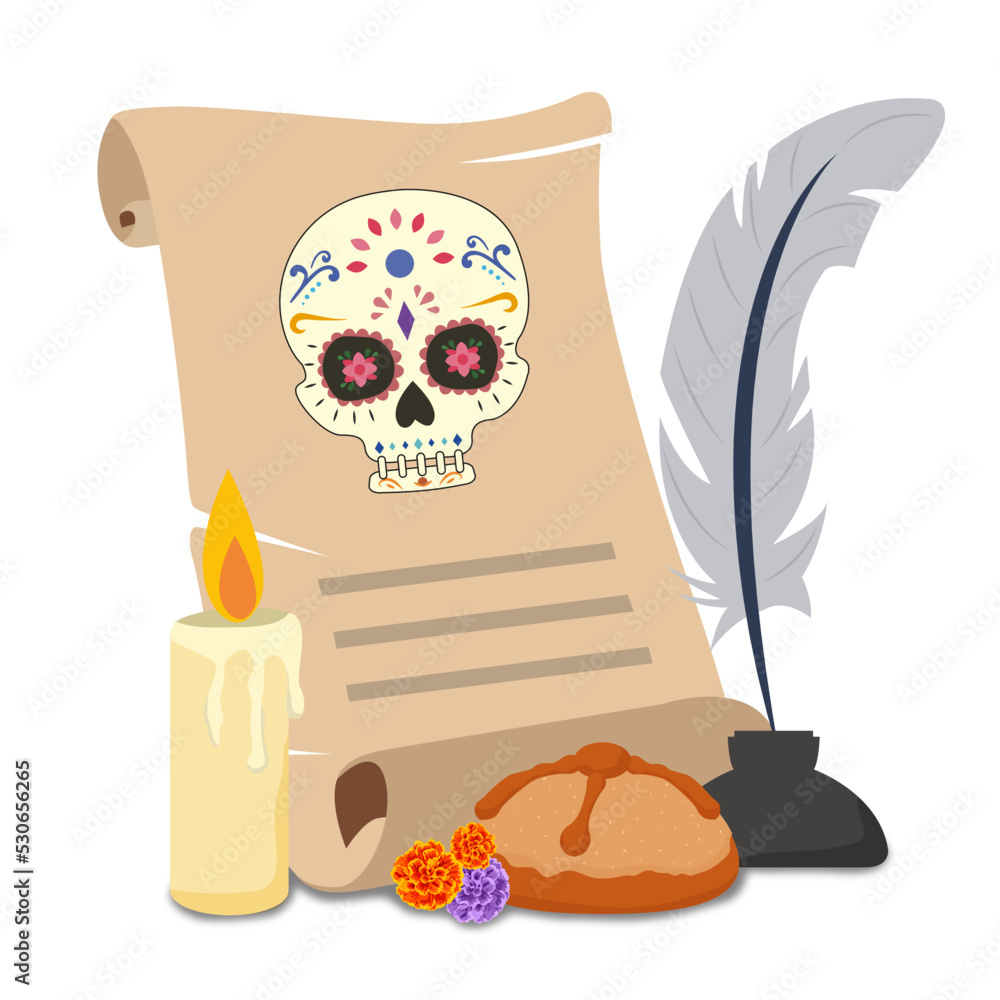 Pergamino para calaverita literaria con ofrenda de pan flores y velas ...