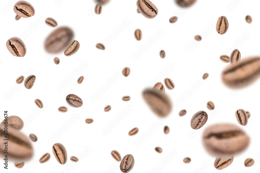 Coffee beans flying background. Black espresso grain falling on white ...