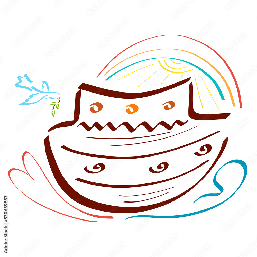 noah's ark on waves, flying dove with twig, sun with rainbow and heart ...
