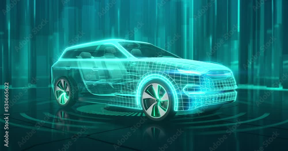 Wireframe car concept on the glossy surface and with futuristic city on ...