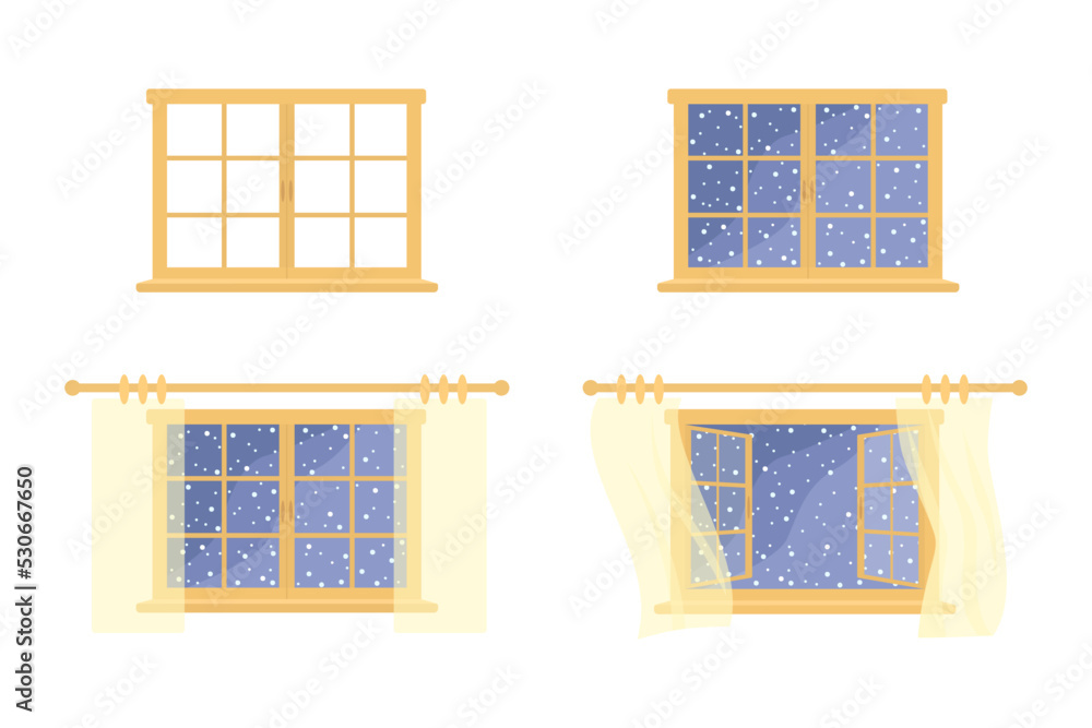 Set of open and closed windows on white background. Cartoon flat style ...