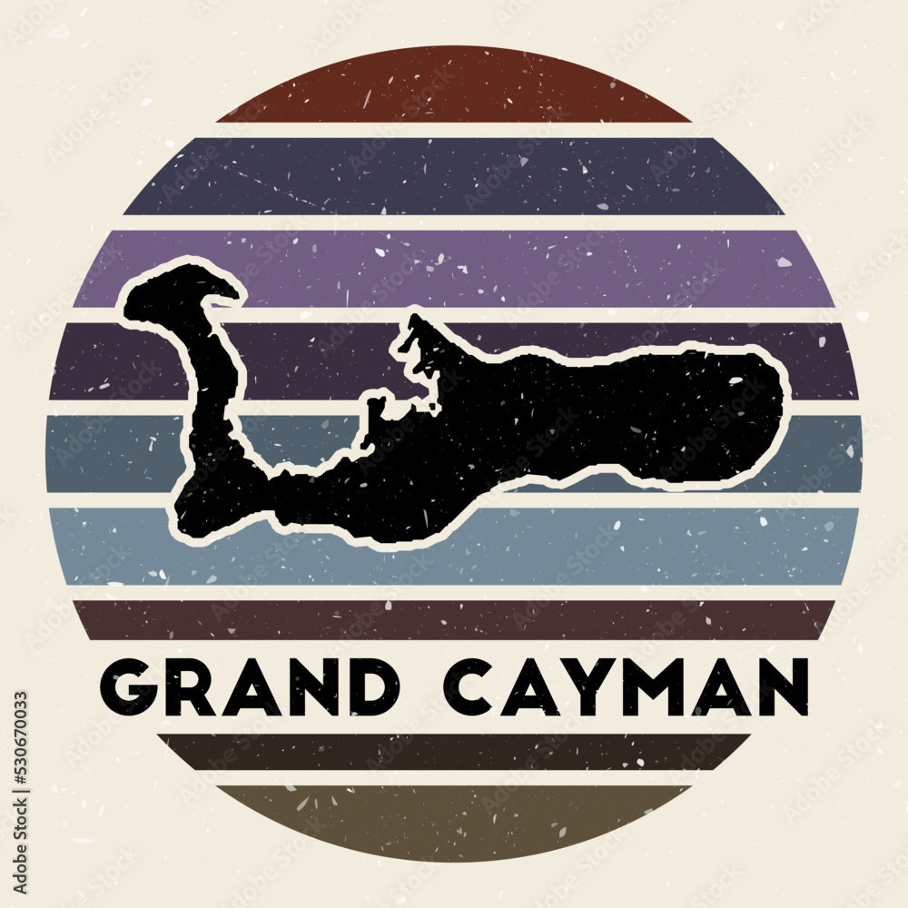 Grand Cayman logo. Sign with the map of island and colored stripes ...