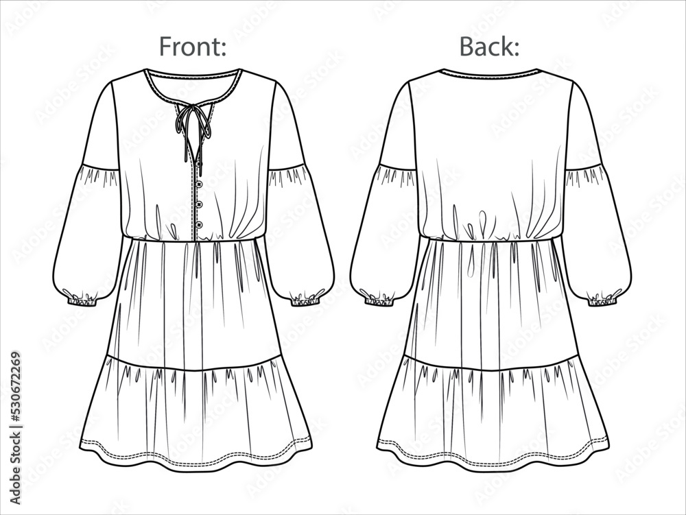 Vector long sleeved dress technical drawing, woman mini dress with bow ...