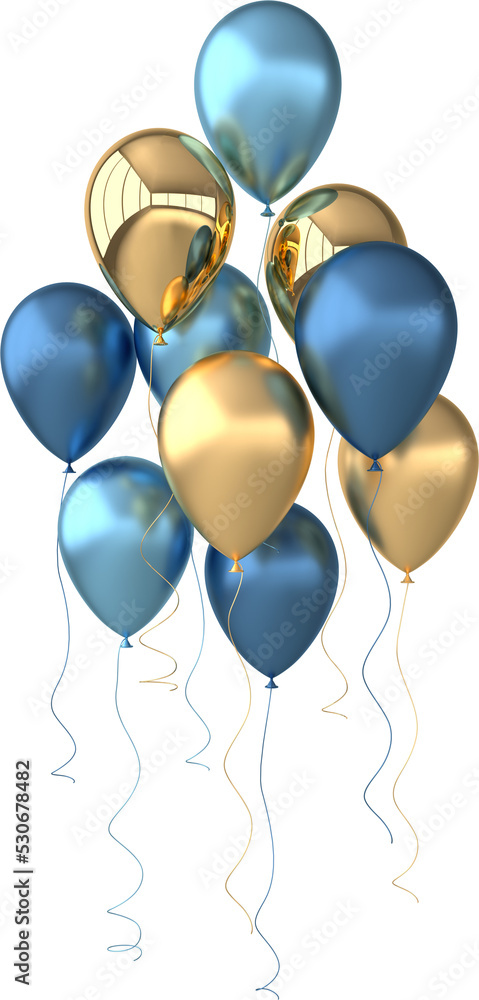 3d render illustration of realistic blue and golden balloons on ...