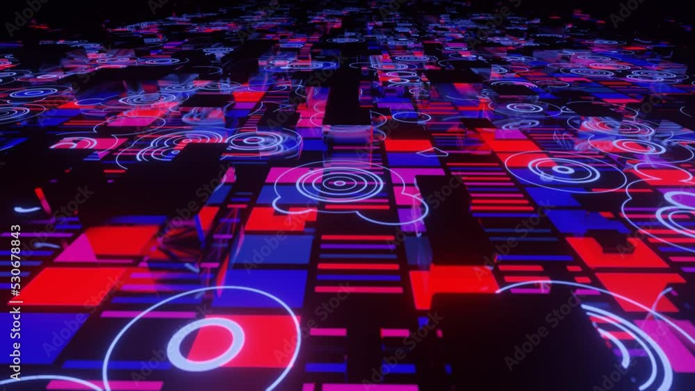 4k looped animation. Flight over hi tech pattern on plane surface, neon ...