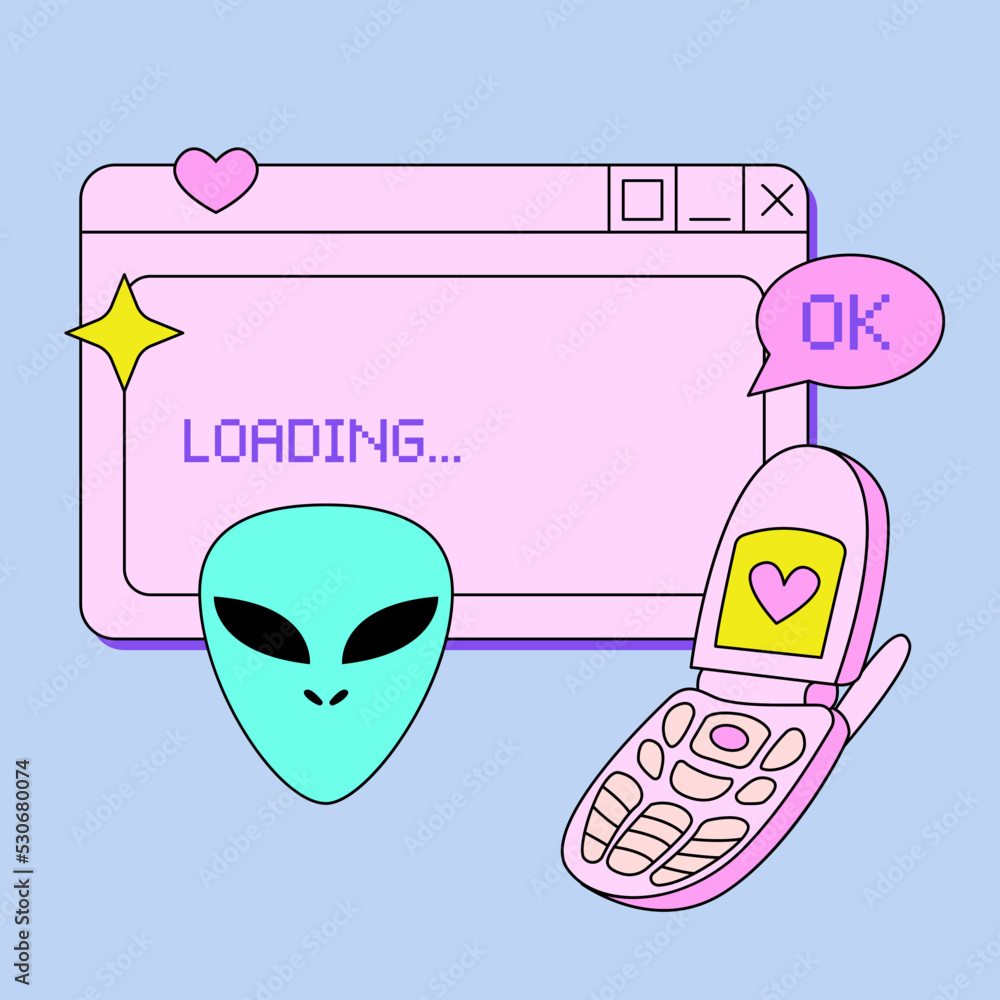 Retro y2k digital screen user interface with flip phone, pixel words ...