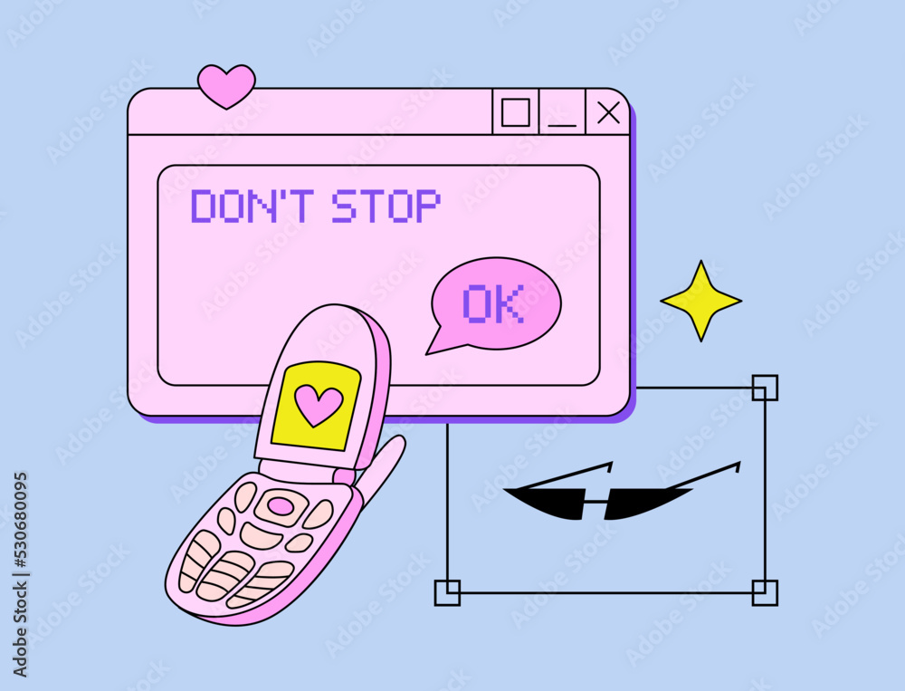 Retro y2k digital screen user interface with flip phone, pixel words ...