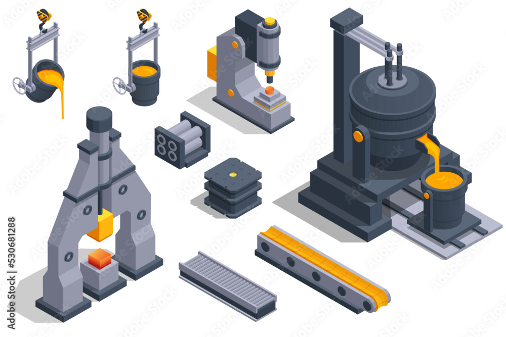 Isometric industrial steel production and metallurgy. Hot steel pouring ...