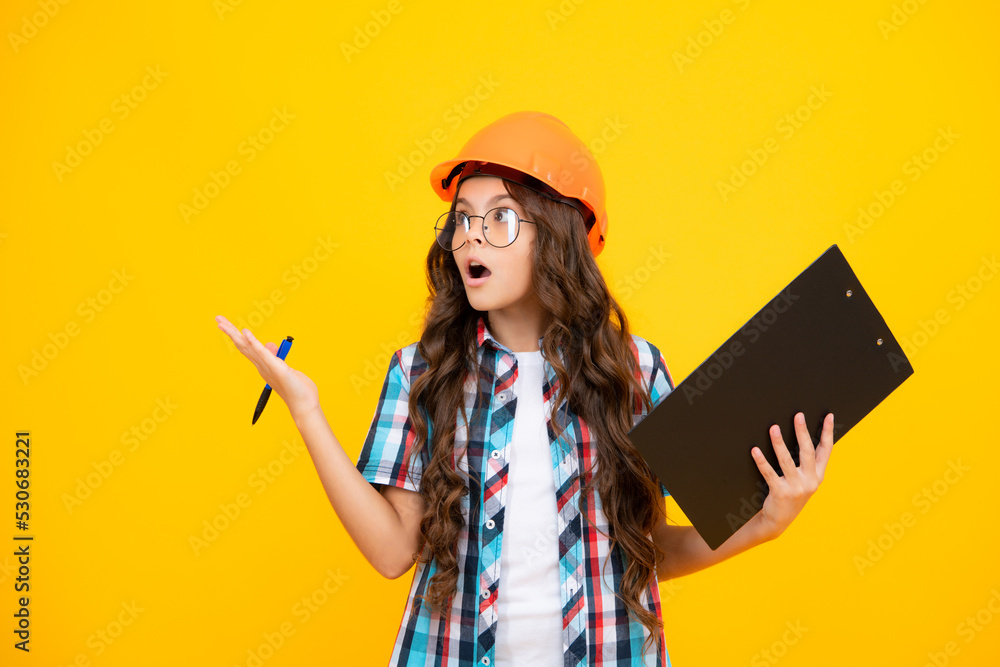 Shocked surprised teenager girl. Teenager child painter in helmet with ...