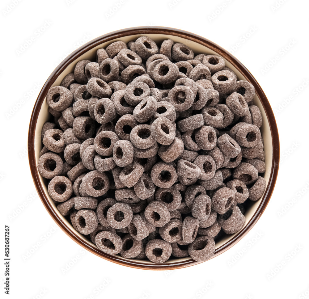 Bowl with tasty black cereal rings on white background, top view Stock ...