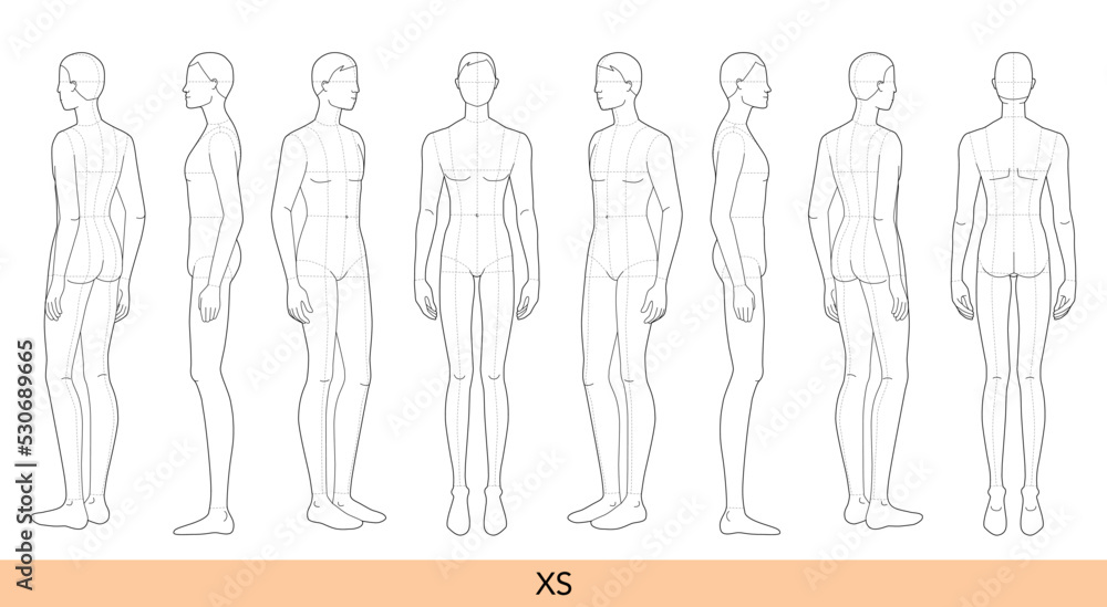 Set of XS size Men Fashion template 9 nine head extra small Croquis ...