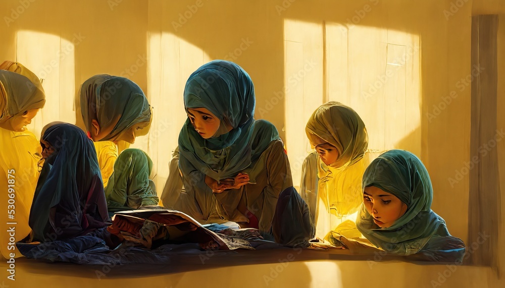 Muslim children in a classroom at school reading, writing, learing and ...