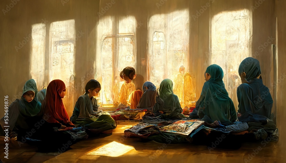 Muslim children in a classroom at school reading, writing, learing and ...