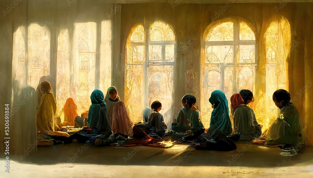 Muslim children in a classroom at school reading, writing, learing and ...