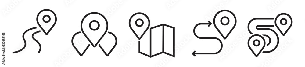 Location pin map line icon set. Compass, map, distance, direction ...