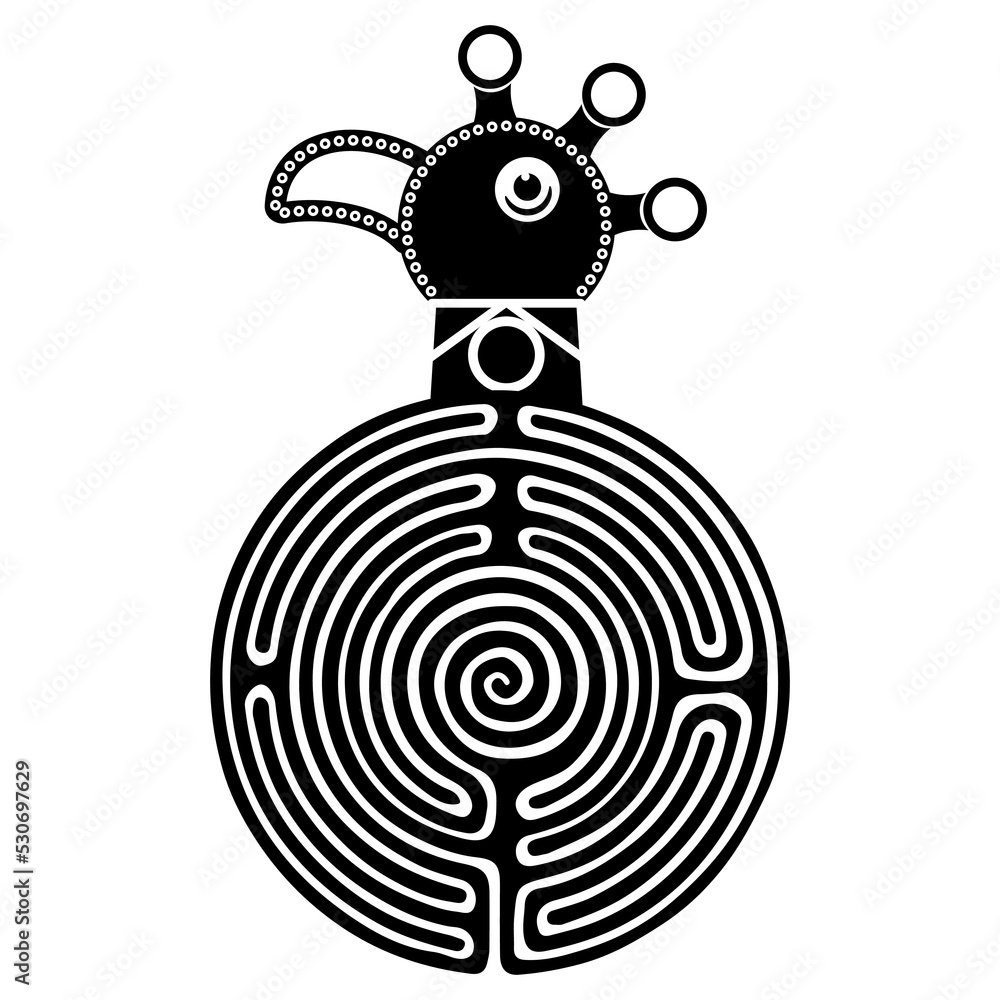Stylized head of a peacock bird on top of a round spiral maze or ...
