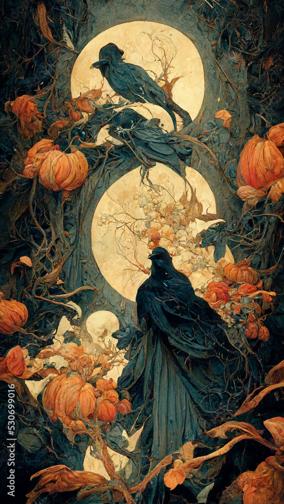 Halloween painting with raven, pumpkins, and black cloaked figure Stock ...