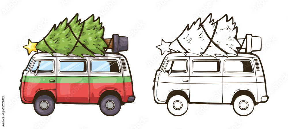 Cartoon illustration of Christmas tree bus retro, The illustrations ...
