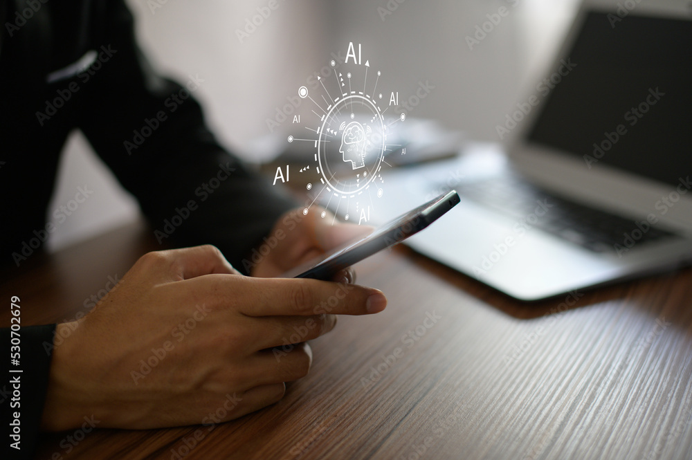 Control, work, command with Artificial Intelligence AI droid robot and ...