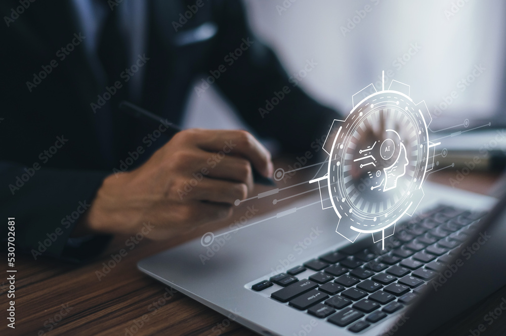 Control, work, command with Artificial Intelligence AI droid robot and ...