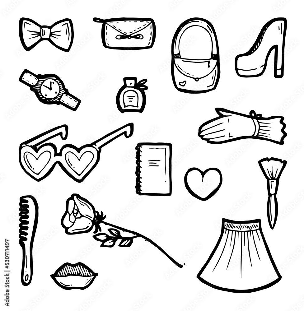 Women goods in glamorous boutique. Set of objects. Shop for girls ...