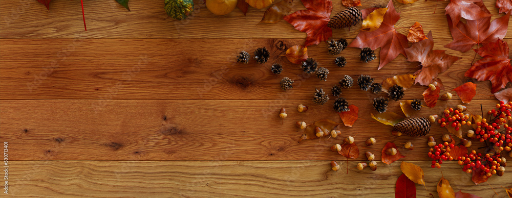 Top down view of Natural wood Tabletop with leaves, Gourds and Pine ...